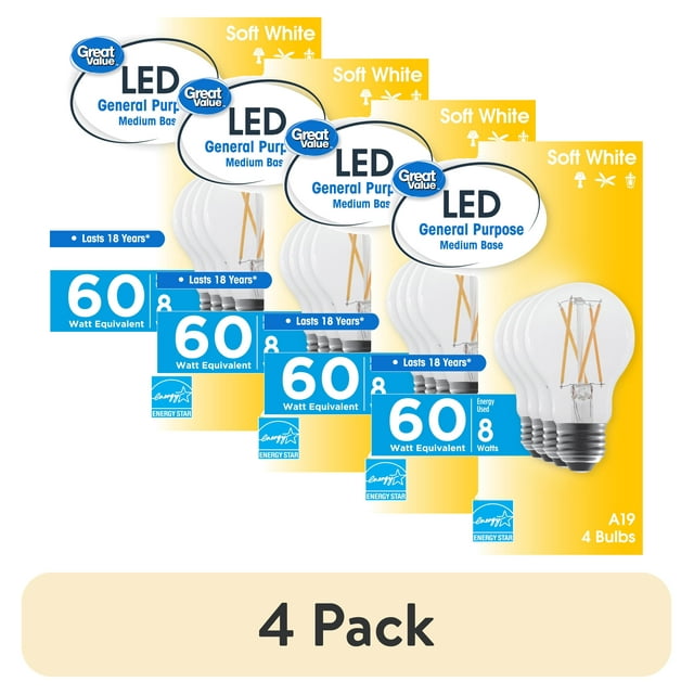 (4 pack) Great Value 18 Year LED Light Bulbs, A19 60 Watts Equivalent, E26, Soft White Clear ...