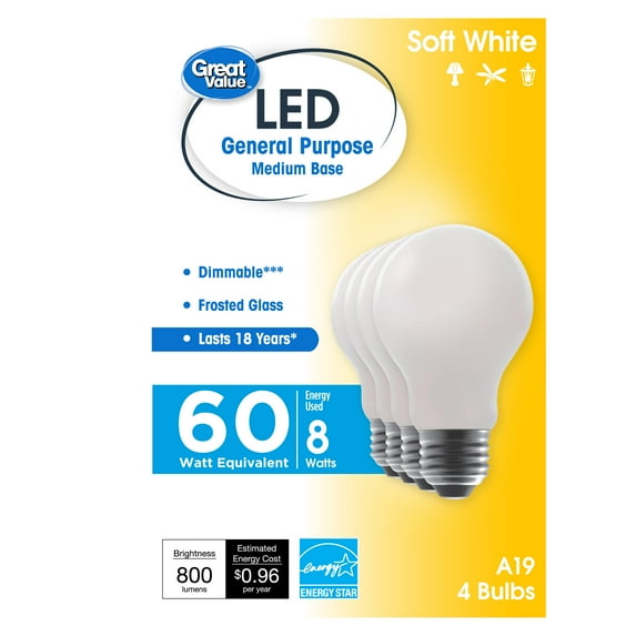 Great Value 18 Year LED Light Bulbs, A19 60 Watts Eqv, E26, Dim, Soft ...