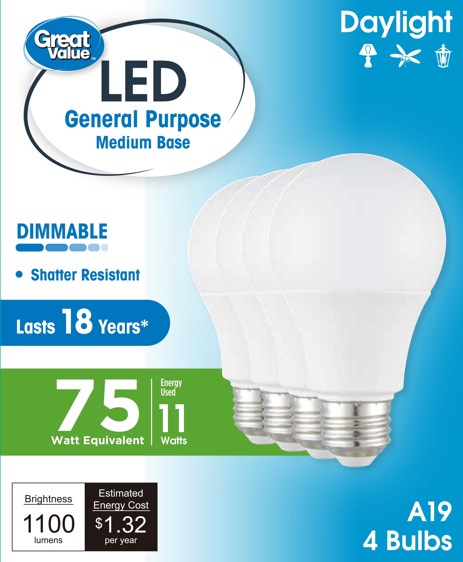 Great Value 18YR A19 LED Bulb, 11-Watt (75W Equivalent) E26 Base ...