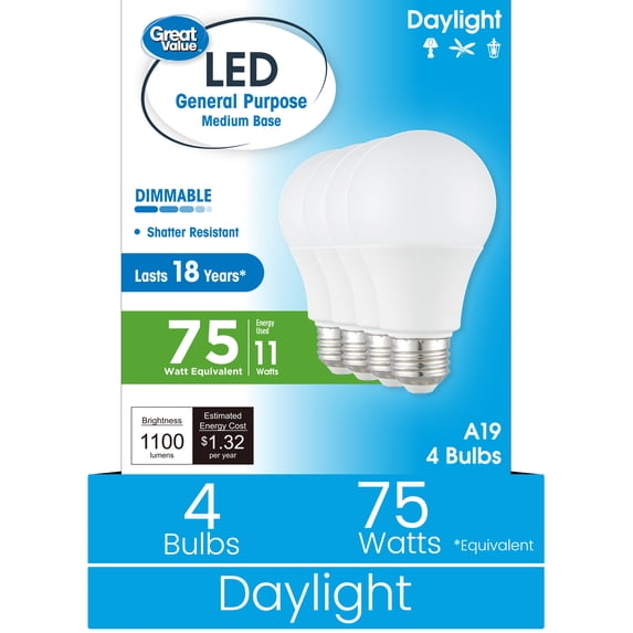 Great Value 18YR A19 LED Bulb, 11-Watt (75W Equivalent) E26 Base ...