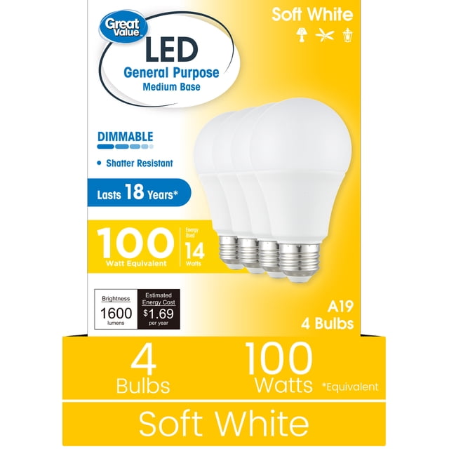 Great Value 18YR A19 LED Bulb, 13-Watt (100W Equivalent) E26 Base ...
