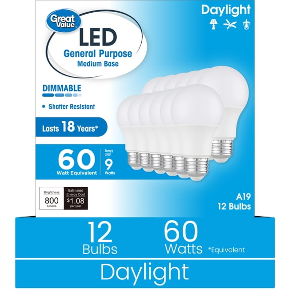 Great Value 18YR A19 LED Bulb, 9-Watt (60W Equivalent) E26 Base ...