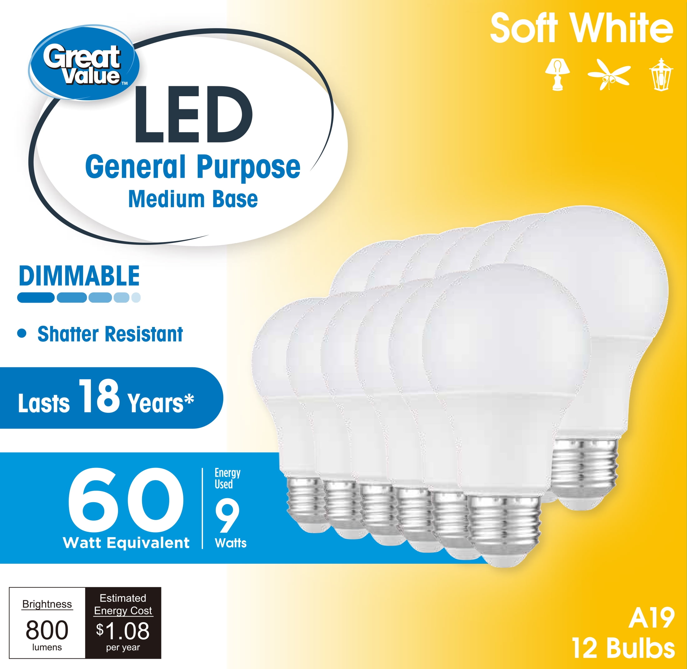 Great Value 18YR A19 LED Bulb, 9-Watt (60W Equivalent) E26 Base ...