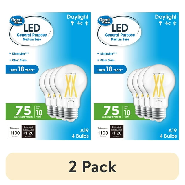 (2 pack) Great Value 18YR A19 LED Light Bulb, 10W (75W Equivalent) Dimmable Daylight E26 Medium ...