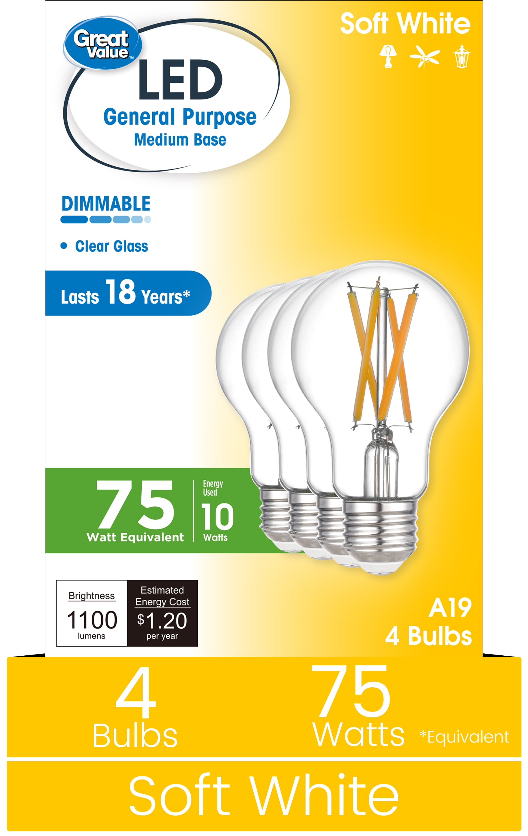Great Value 18YR A19 LED Light Bulb, 10W (75W Equivalent) Dimmable Soft ...