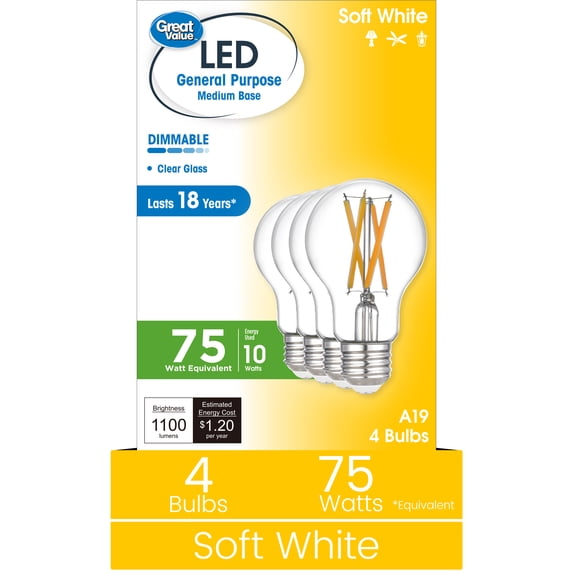 Great Value A19 LED 10W (75W Equivalent) Soft White E26 Medium Base ...