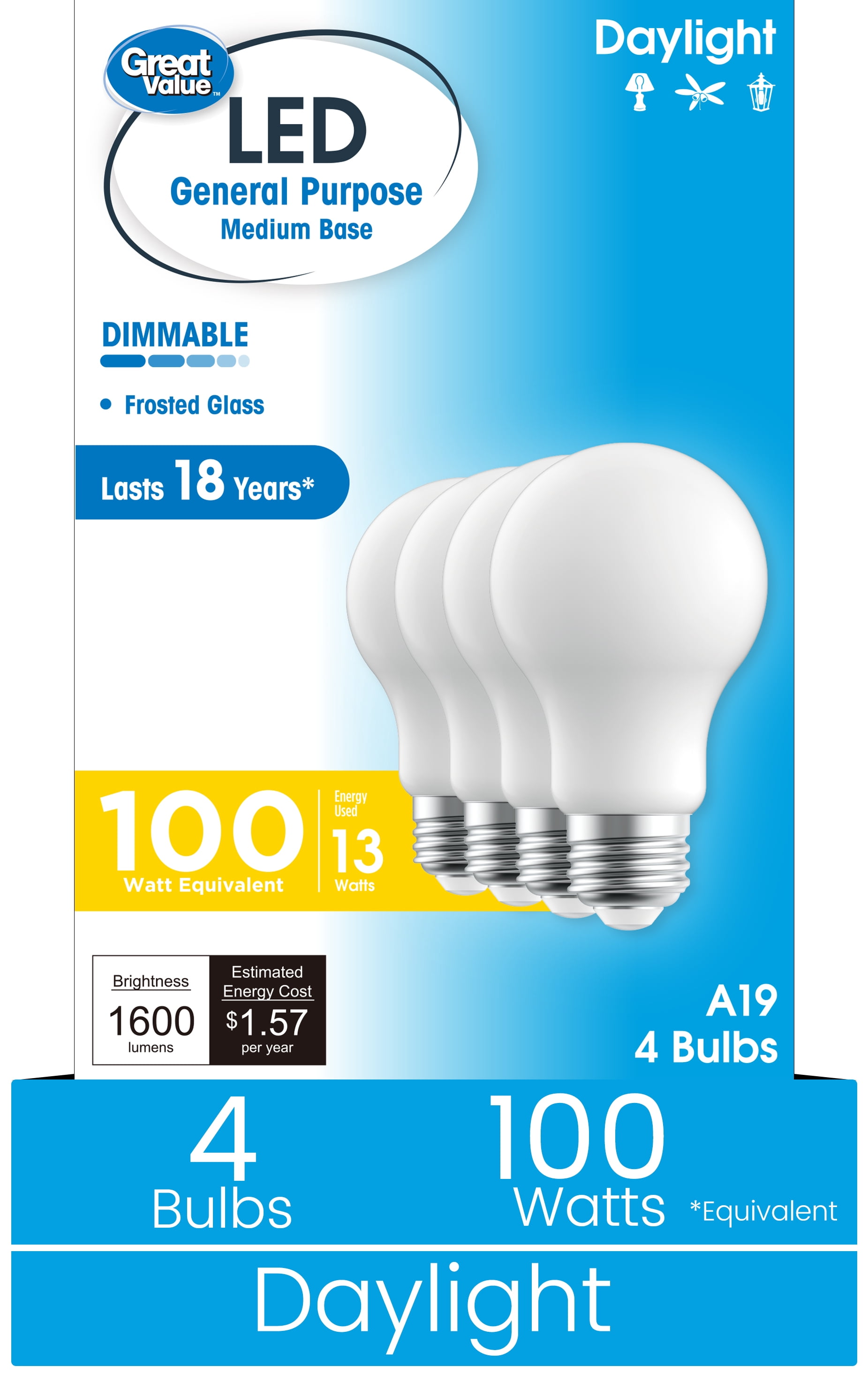 Great Value A19 LED 13W (100W Equivalent) Daylight E26 Medium Base ...