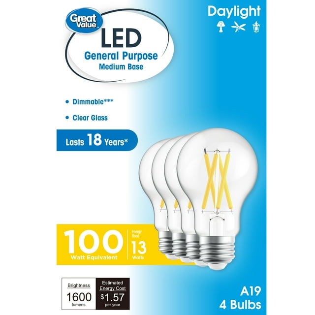 Great Value 18YR A19 LED Light Bulb, 13W (100W Equivalent) Daylight ...