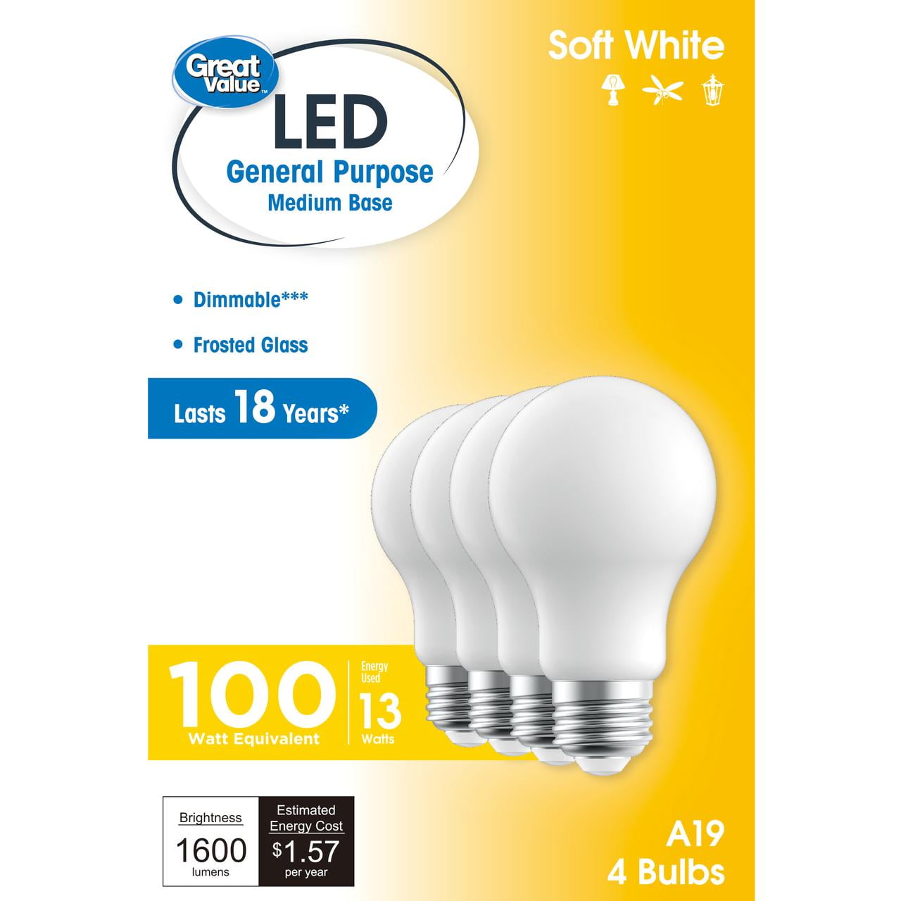 Great Value 18YR A19 LED Light Bulb, 13W (100W Equivalent) Dimmable ...