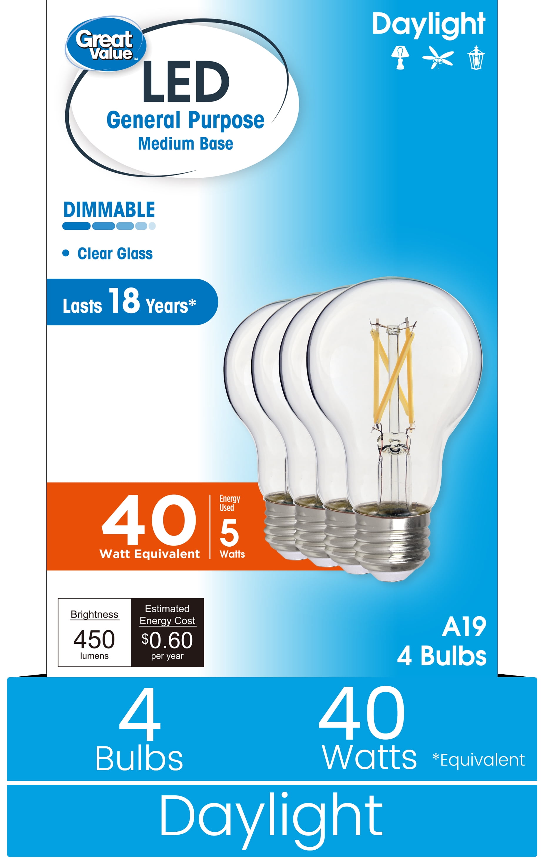 Great Value A19 LED 5W (40W Equivalent) Daylight General Purpose E26 ...