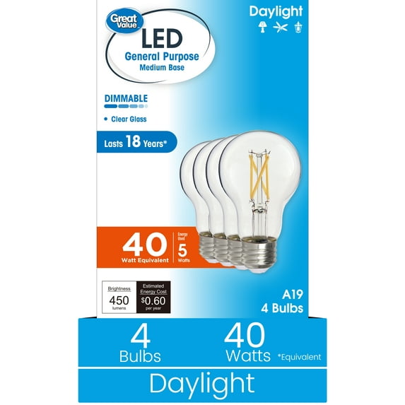 Great Value A19 LED 5W (40W Equivalent) Daylight General Purpose E26 ...