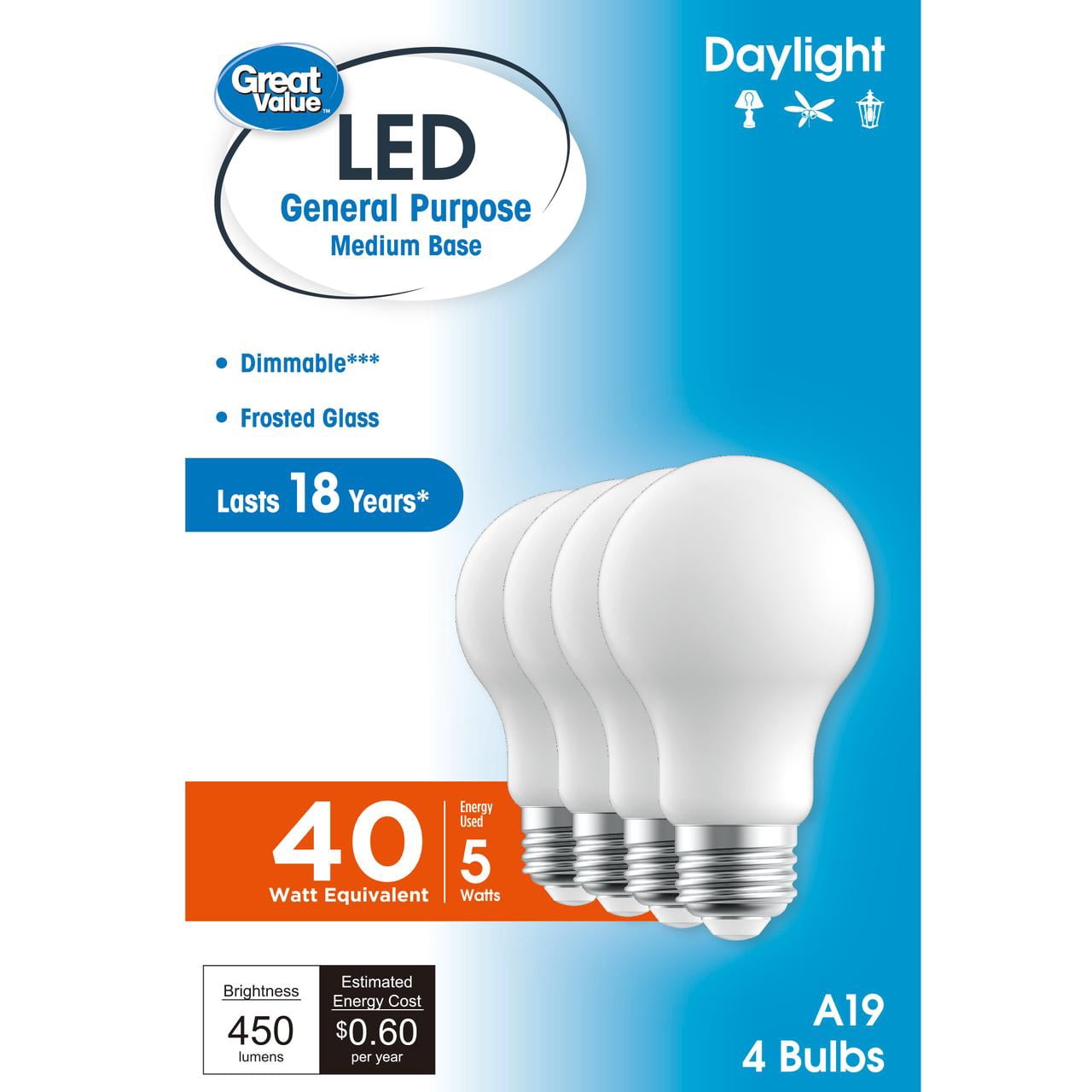 Great Value 18YR A19 LED Light Bulb, 5W (40W Equivalent) Dimmable ...