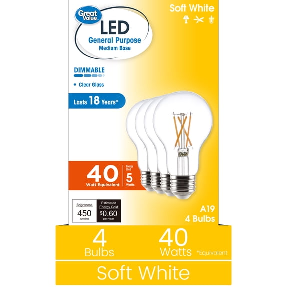 Great Value 18YR A19 LED Light Bulb 5W Dimmable Soft White E26 Medium ...