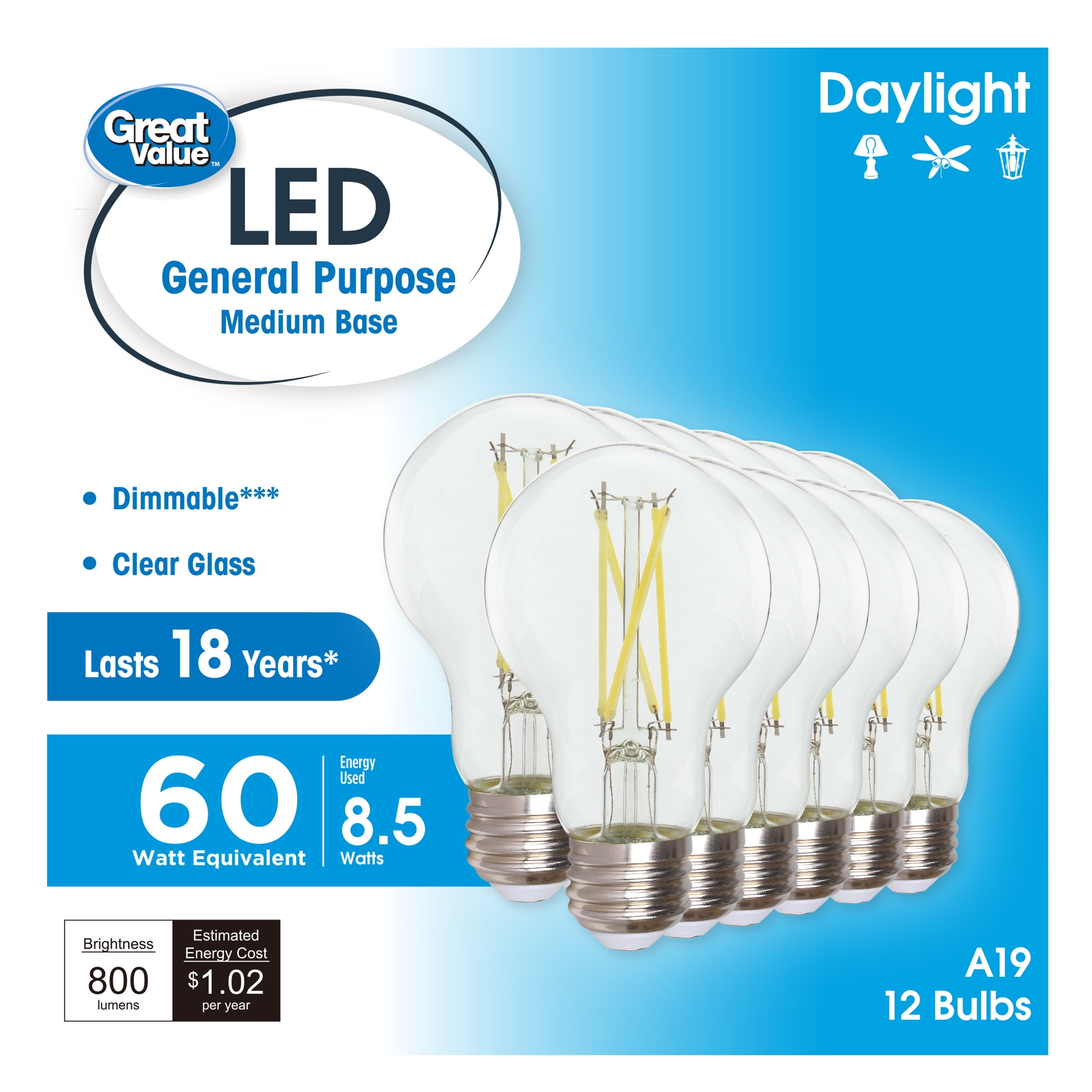 Great Value 18YR A19 LED Light Bulb, 8.5W(60W Equivalent) Dimmable Daylight E26 Medium Base, 12 ...