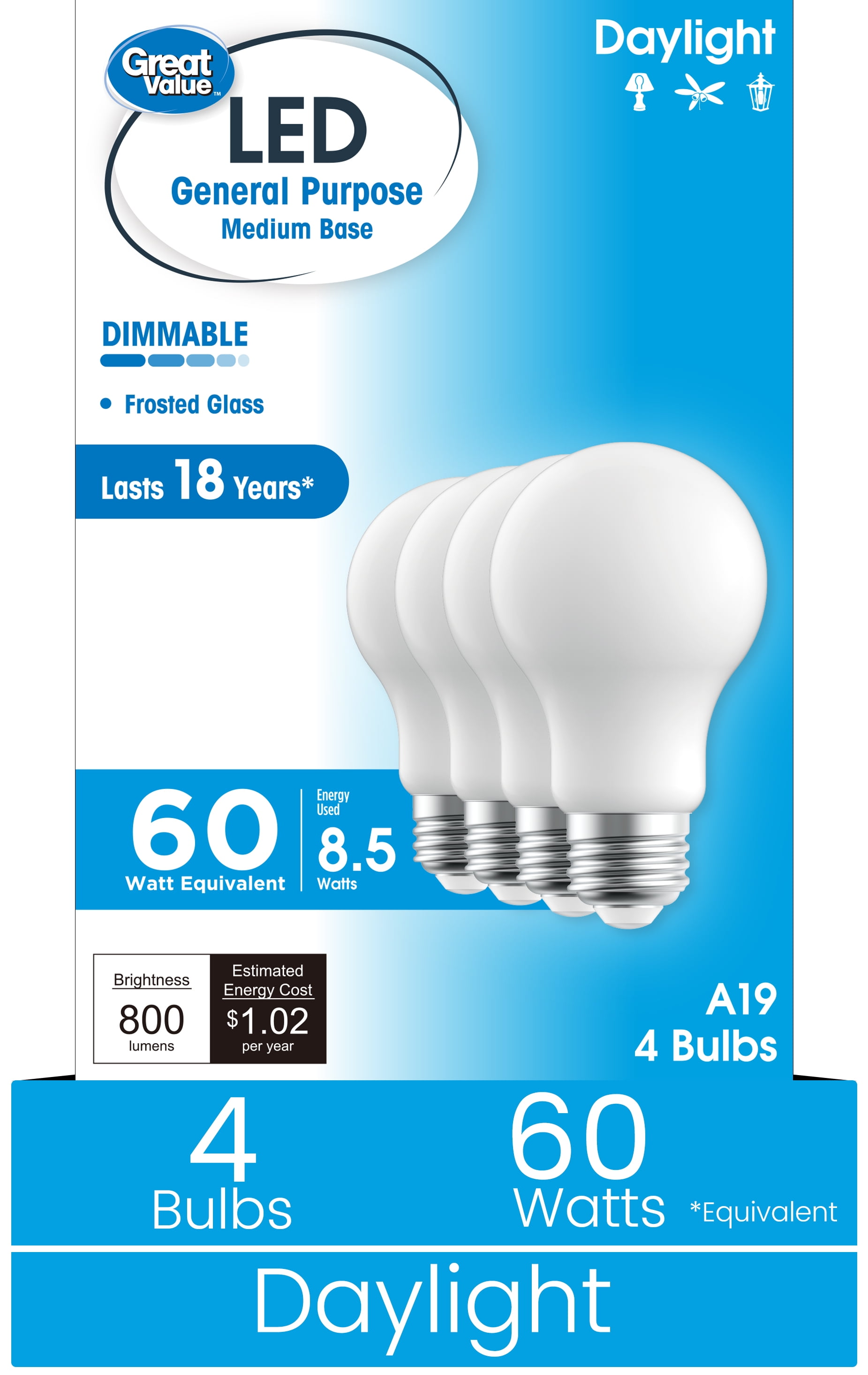 Great Value LED A19 Dimmable Light Bulb 8.5W 60W Equivalent Daylight 4 ...