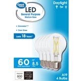 Great Value 18YR A19 LED Light Bulb, 8.5W(60W Equivalent) Dimmable Daylight E26 Medium Base, 4 ...