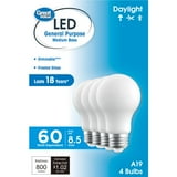 Great Value 18YR A19 LED Light Bulb, 8.5W(60W Equivalent) Dimmable Daylight E26 Medium Base, 4 ...