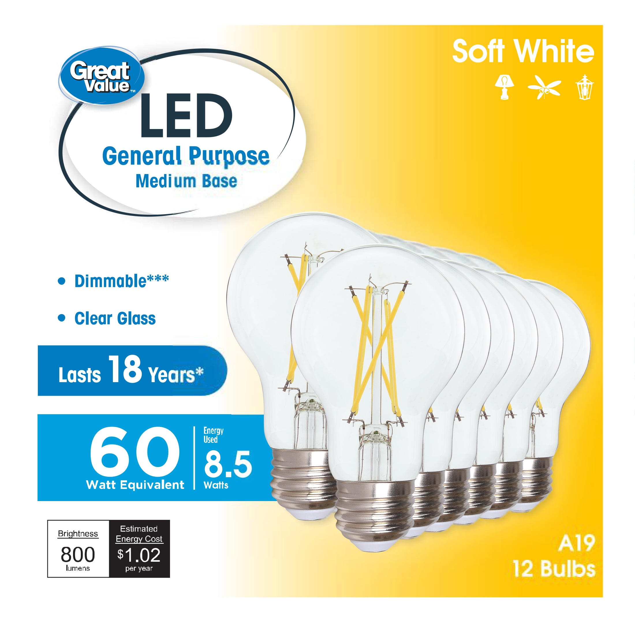 Great Value 18YR A19 LED Light Bulb, 8.5W(60W Equivalent) Dimmable Soft ...