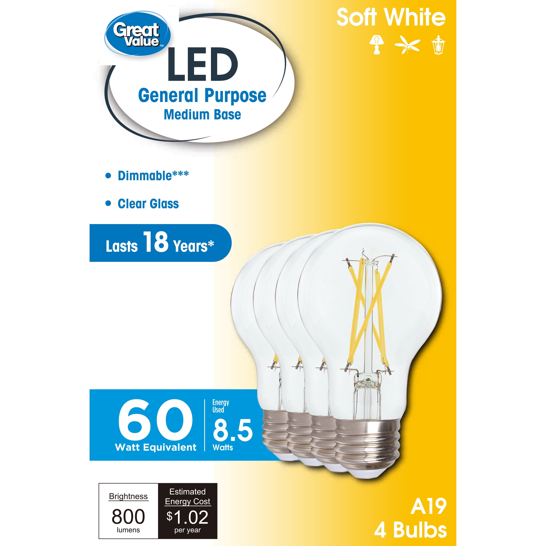 Great Value 18YR A19 LED Light Bulb, 8.5W(60W Equivalent) Dimmable Soft ...