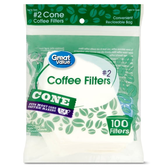 Great Value #2 Cone Coffee Filters 100 Count, Fits Most 1-4 Cup Coffee ...
