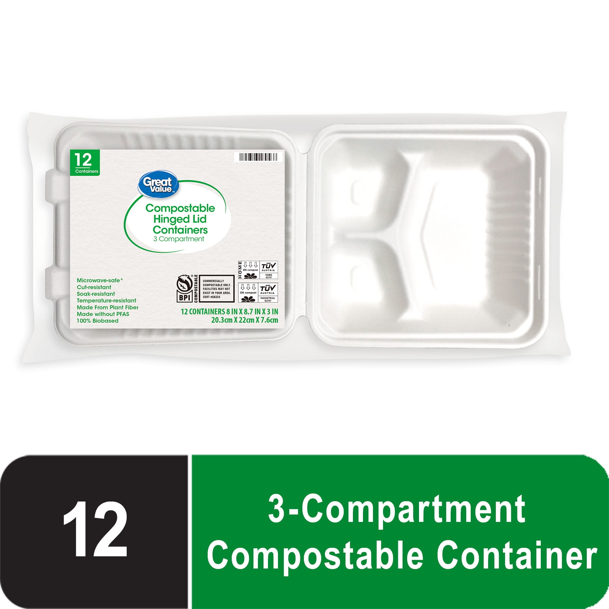 Great Value 3 Compartment Hinged Container, Compostable Bagasse, White ...