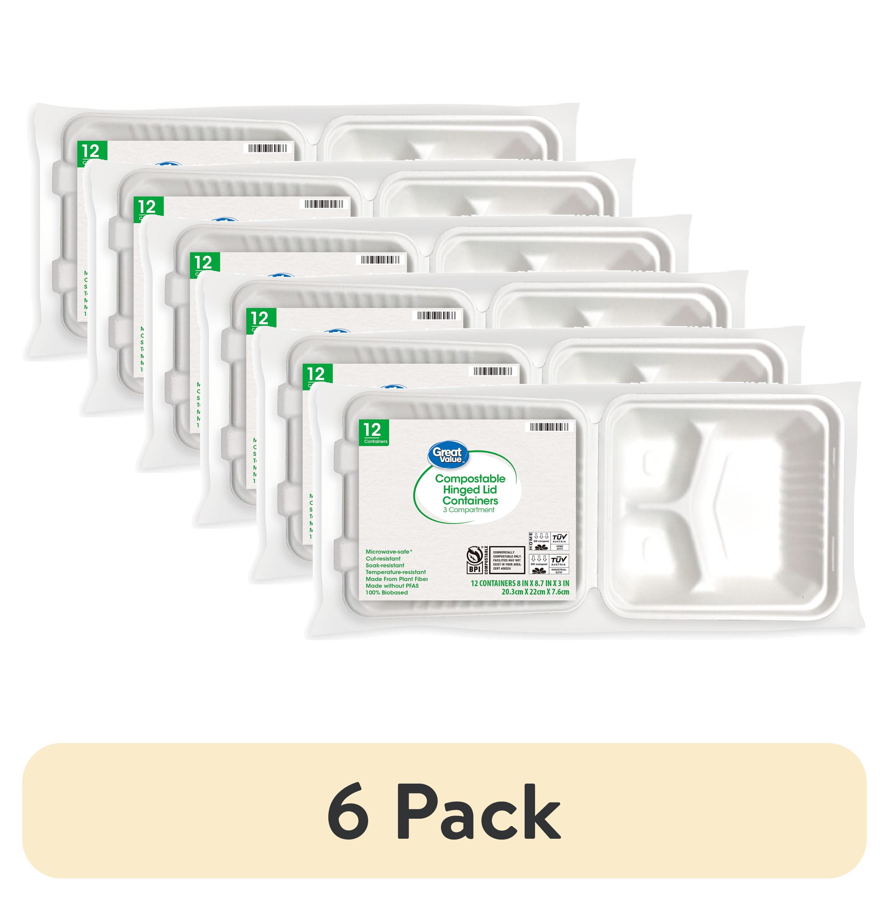 (6 pack) Great Value 3 Compartment Hinged Container, Compostable ...