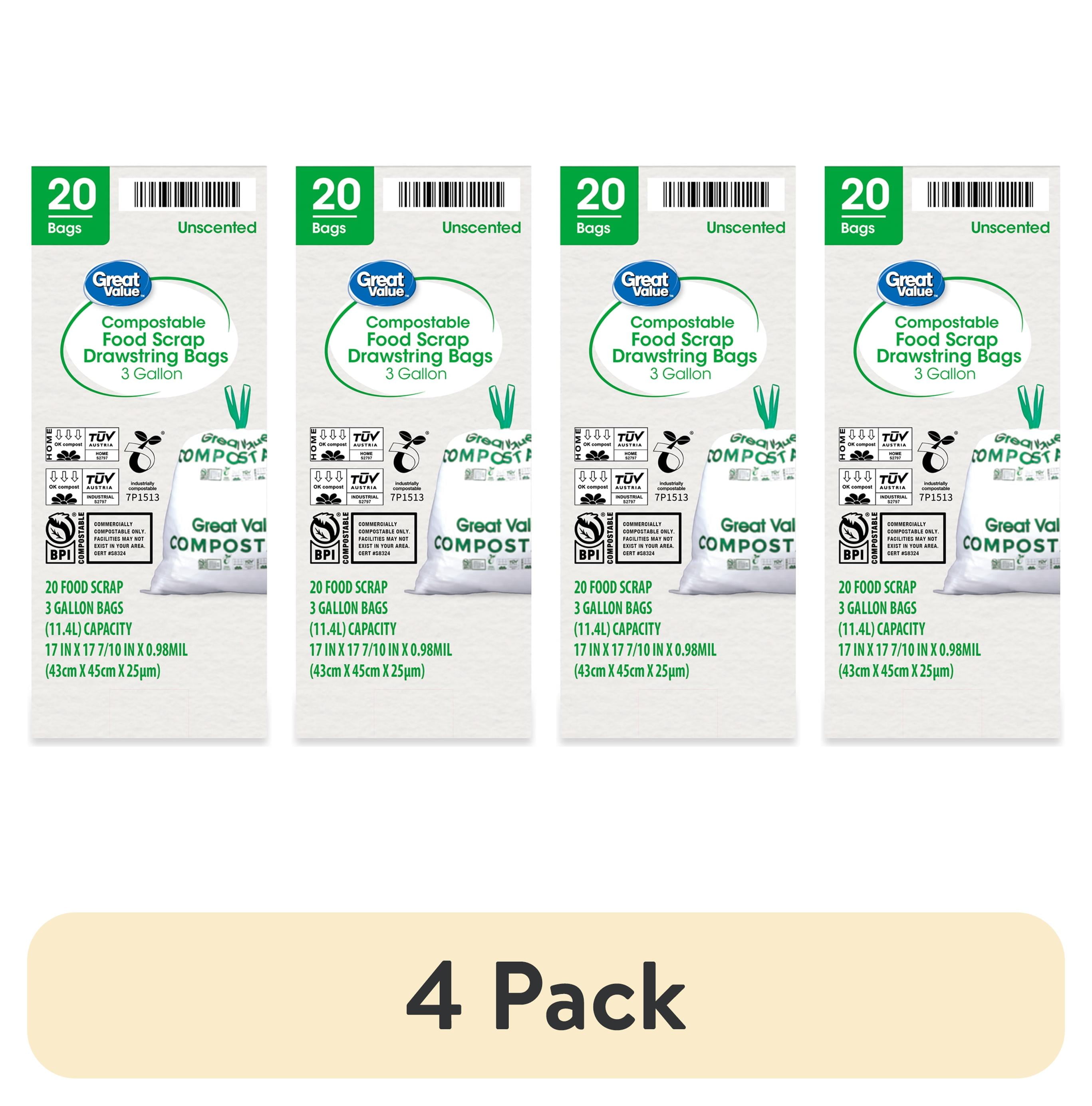 (4 pack) Great Value 3-Gallon Small Compostable Trash Bags, 20 Bag ...