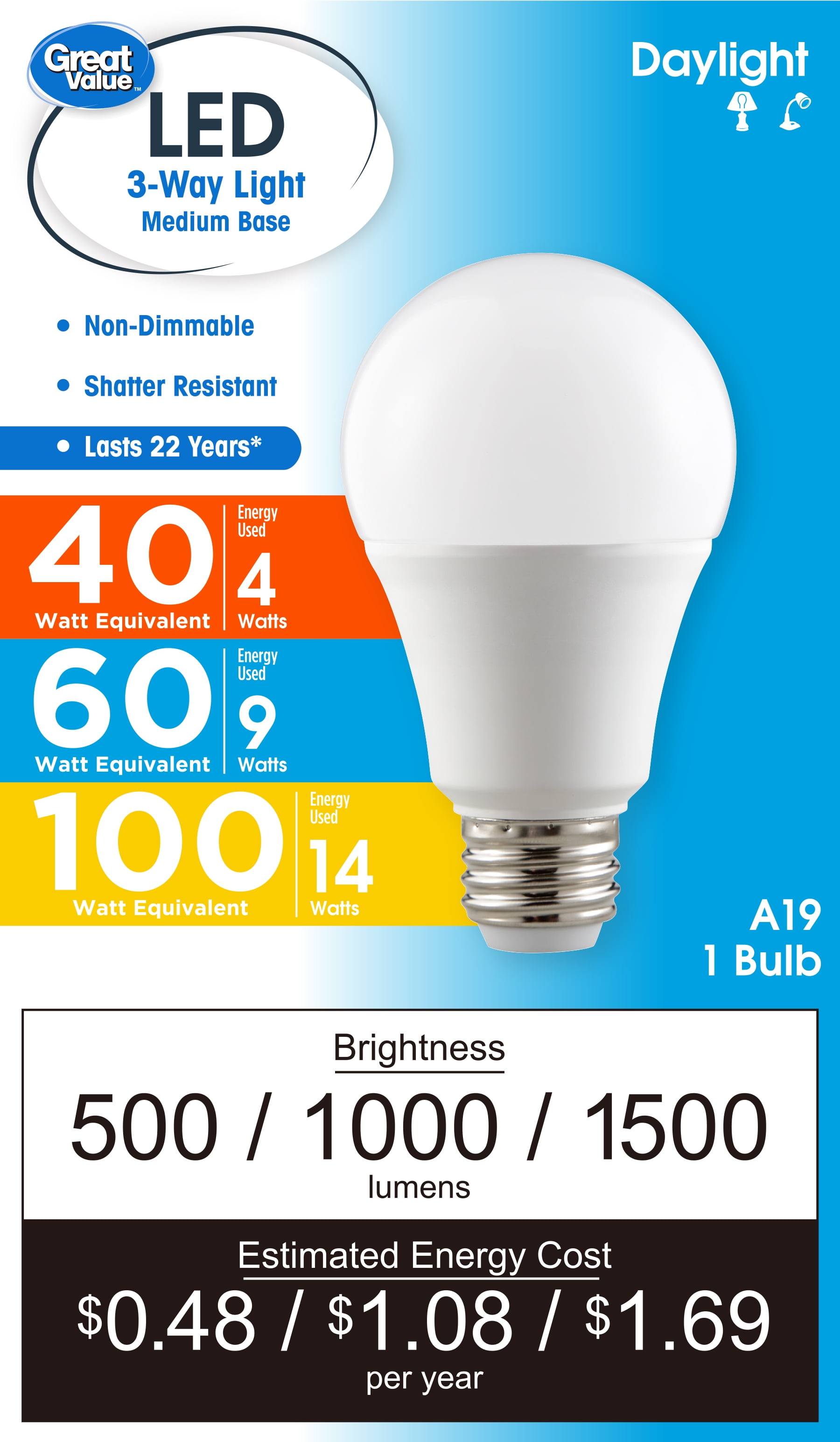 Great Value 3 Way A19 LED Light Bulb 40 60 100 Watts Tunable Daylight E26 Medium Base 1 Pack Walmart