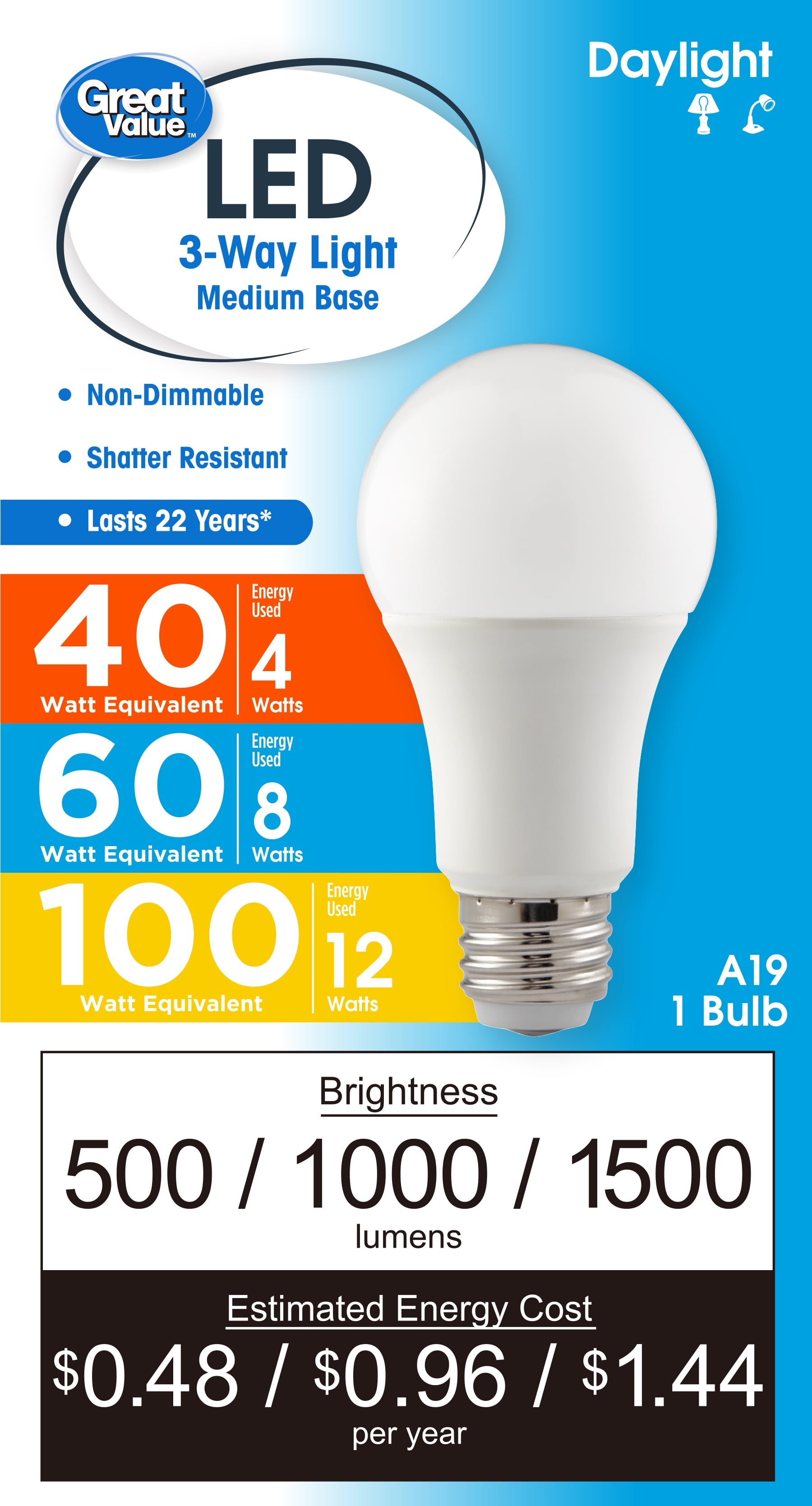 Brandclub - Great Value 3-Way LED Light Bulb, A19 40/60/100 Watts ... Brandclub - Great Value 3-Way LED Light Bulb, A19 40/60/100 Watts ...