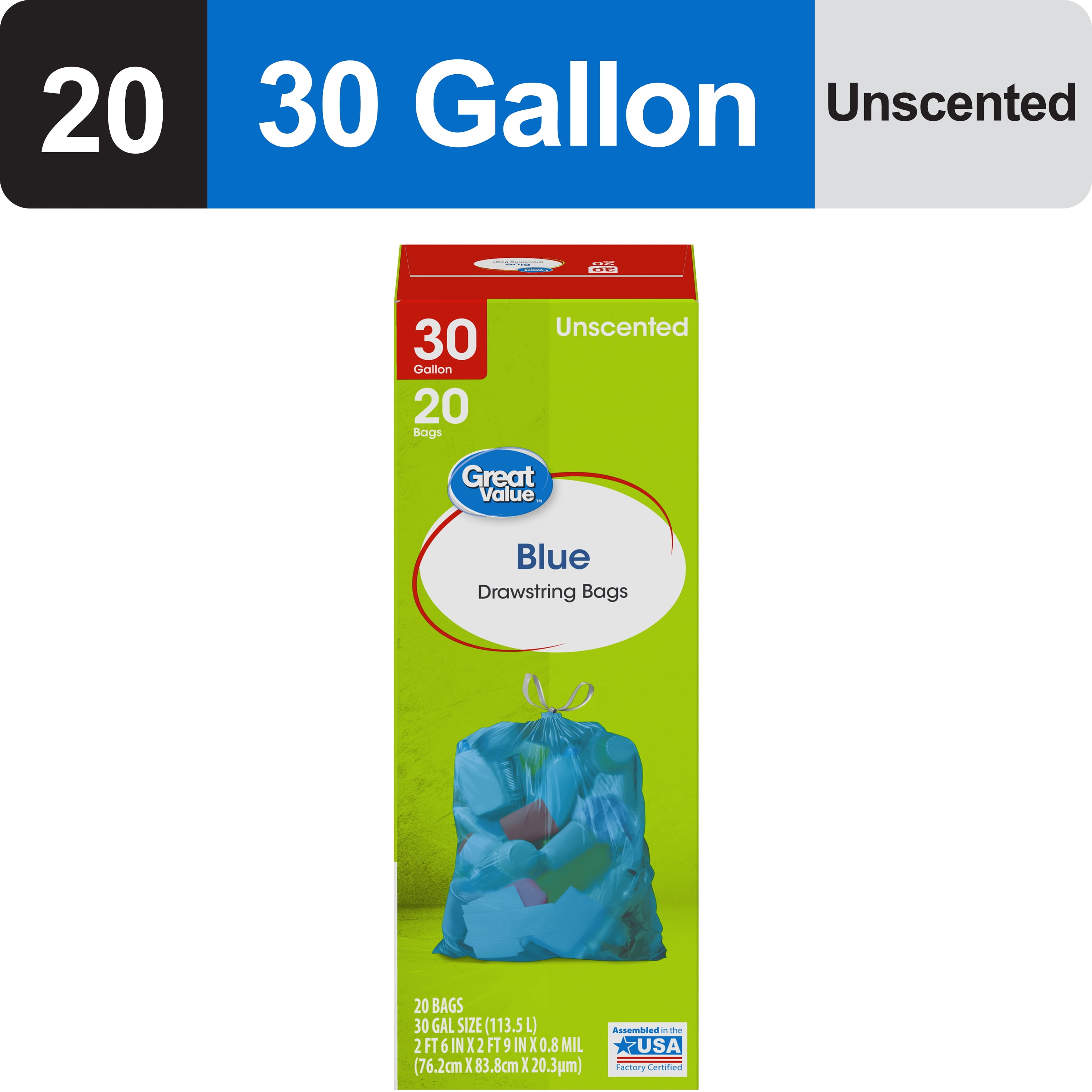 Great Value Blue 30-Gallon Drawstring Bags Unscented Pack of 20 ...