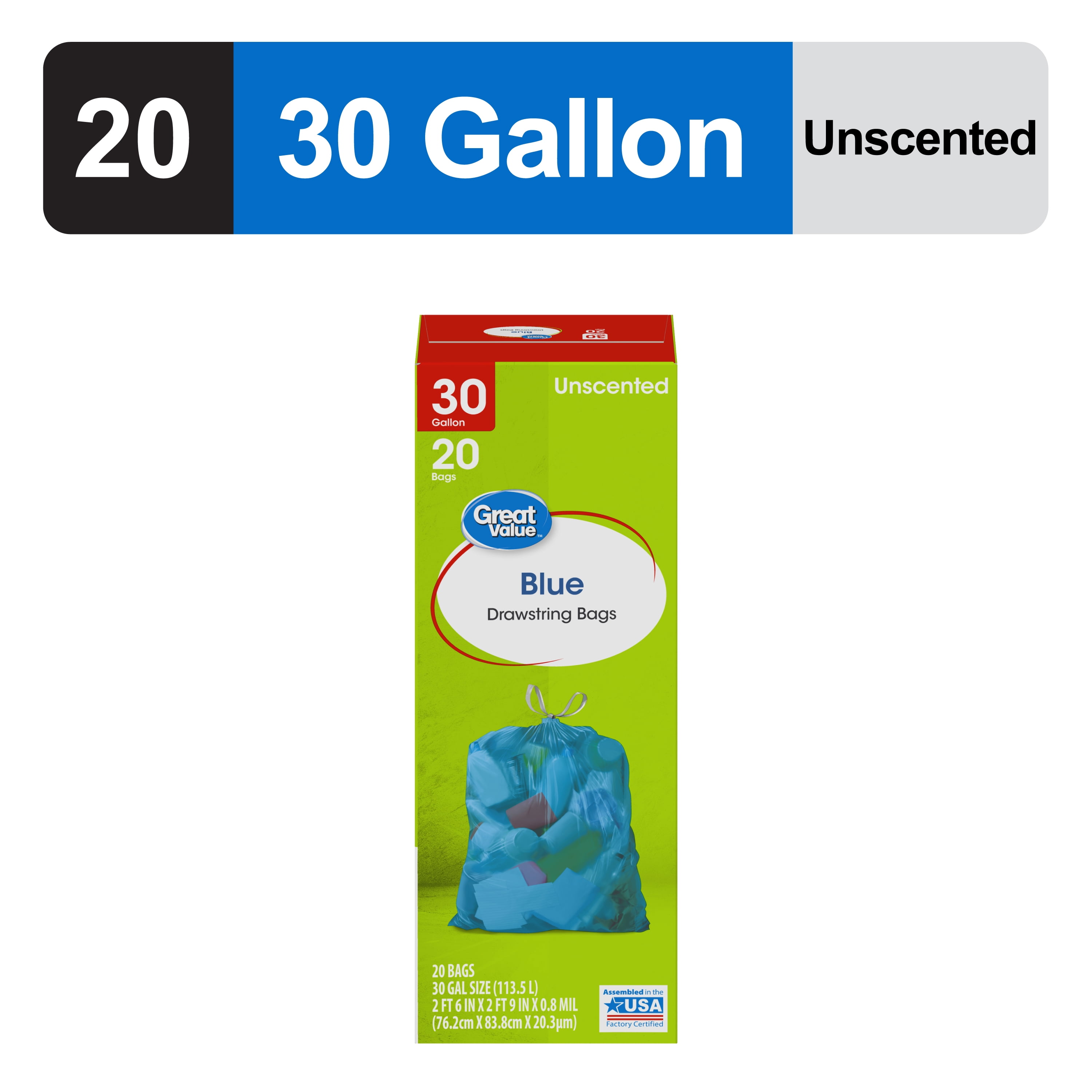 Great Value 30-Gallon Blue Drawstring Large Bags, Unscented, 20 Bags ...