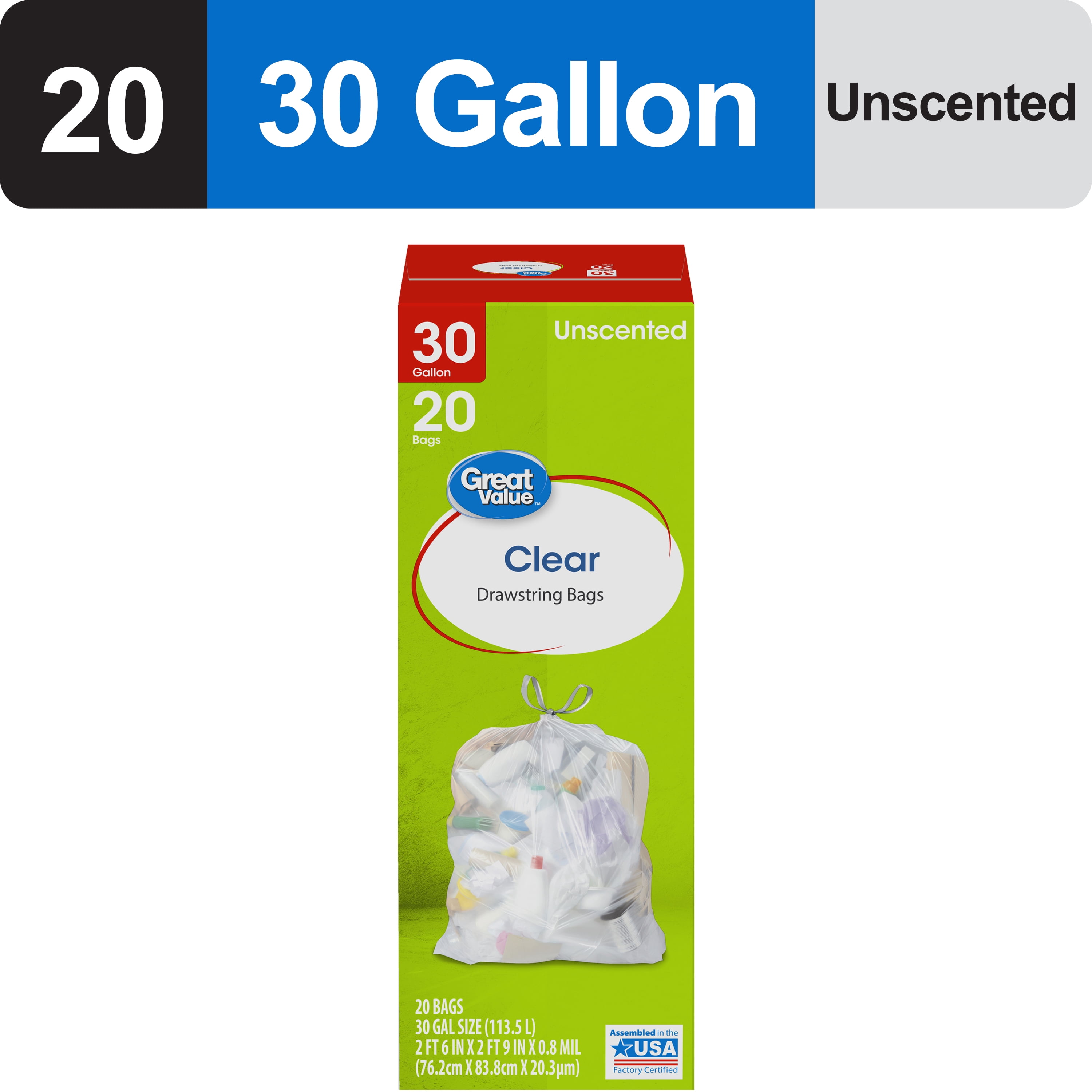 Great Value 30-Gallon Clear Drawstring Trash Bags, Large Recycle Bags ...