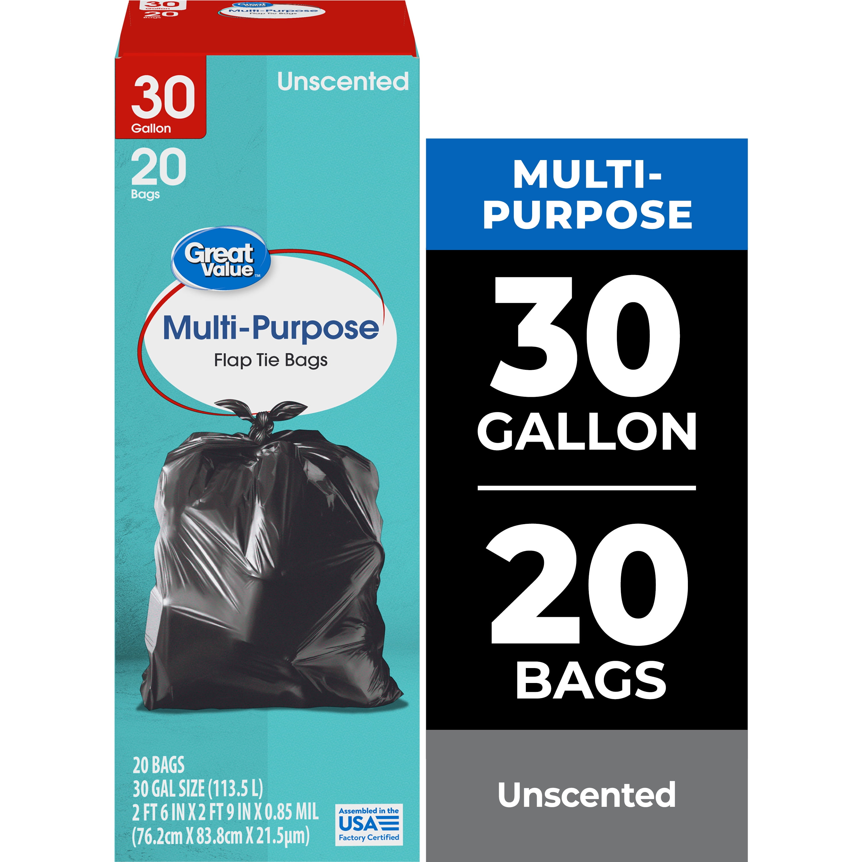 Great Value 30-Gallon Flap Tie Trash Bags, Large Capacity, Black, 20 ...