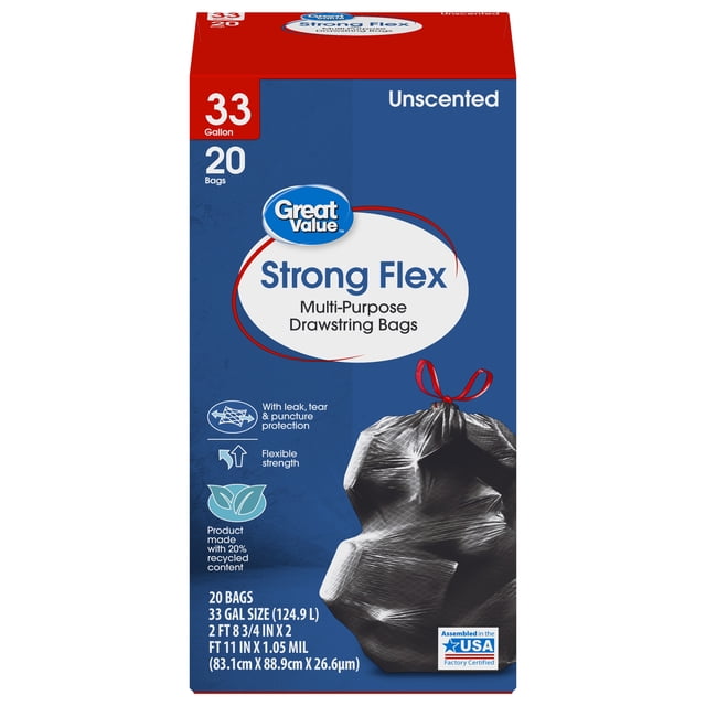 Great Value 33-Gallon Drawstring Strong Flex Multi-Purpose Trash Bags ...