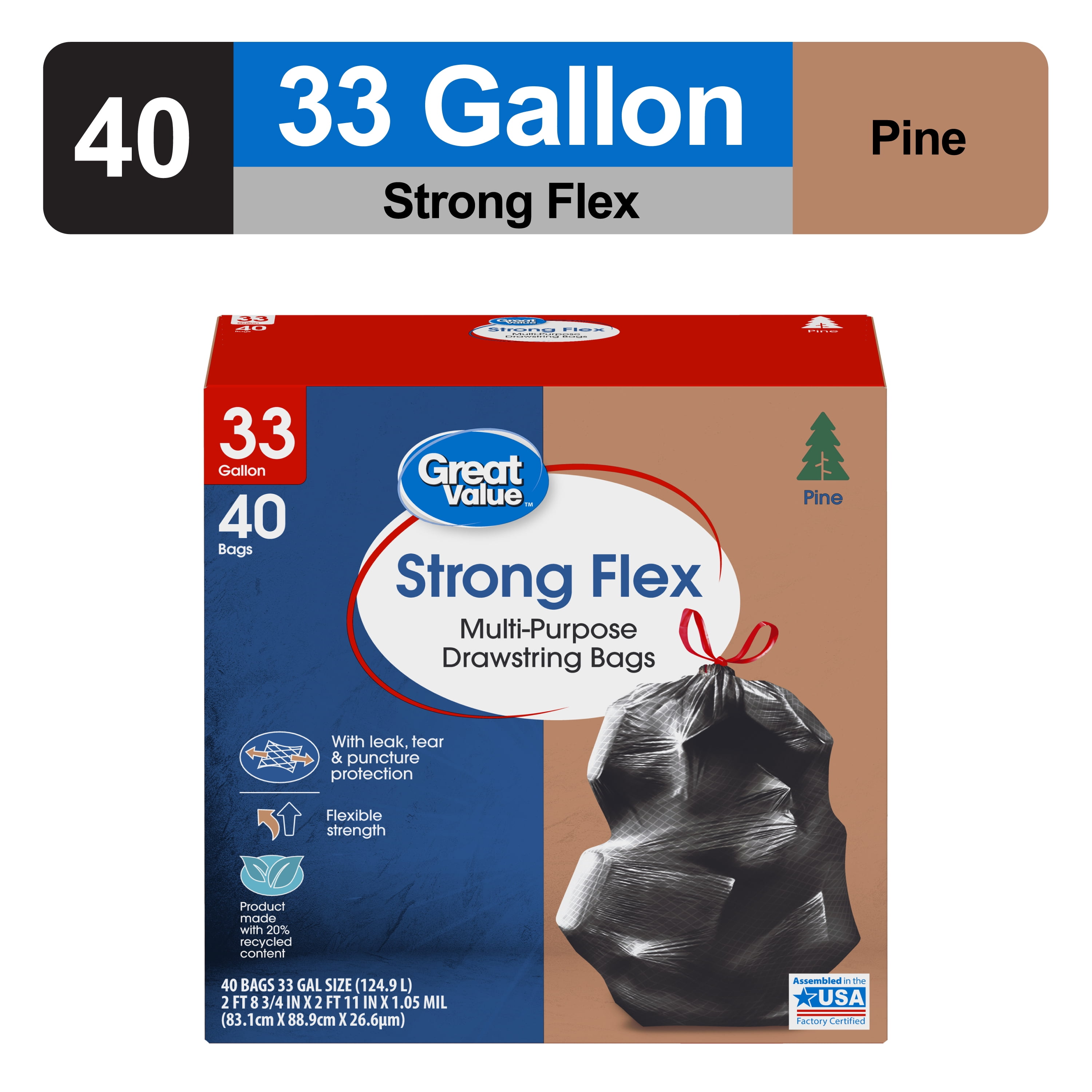 Great Value 33-Gallon Drawstring Strong Flex Multi-Purpose Trash Bags ...