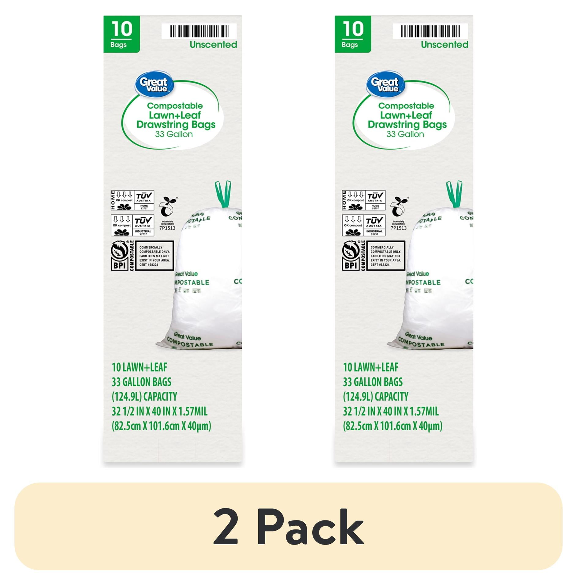 (2 pack) Great Value 33-Gallon Large Compostable Trash Bags, 10 Bags ...
