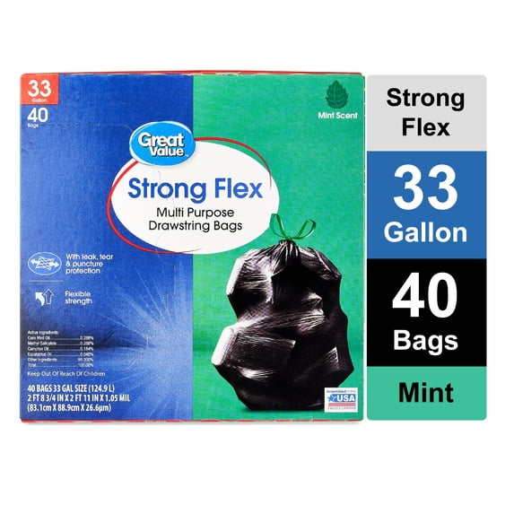 Great Value 33-Gallon Tall Kitchen Trash Bags with Mint Scent, Strong ...