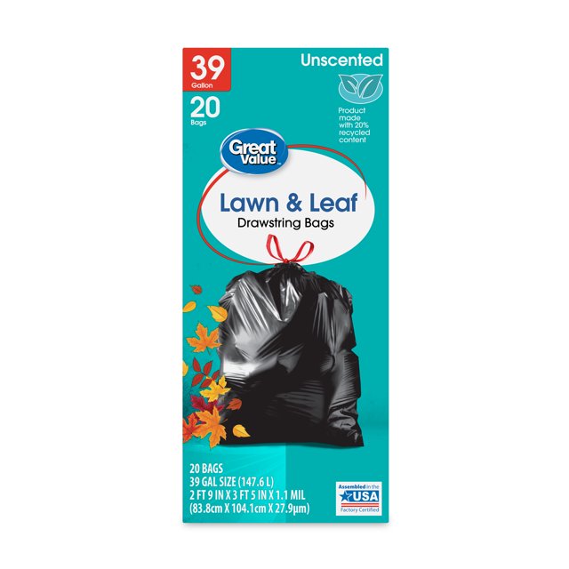 Great Value 39-Gallon Drawstring Lawn & Leaf Trash Bags, 20 Bags ...