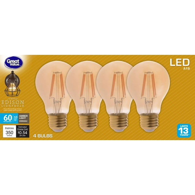 Great Value 4.5W Edison A19 General Purpose LED Light Bulb, 60W Equiv ...