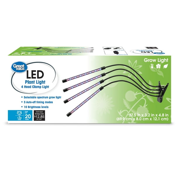 Great Value 4.75 inch 4-Head Flexible LED Clamp Grow Light, 20W ...
