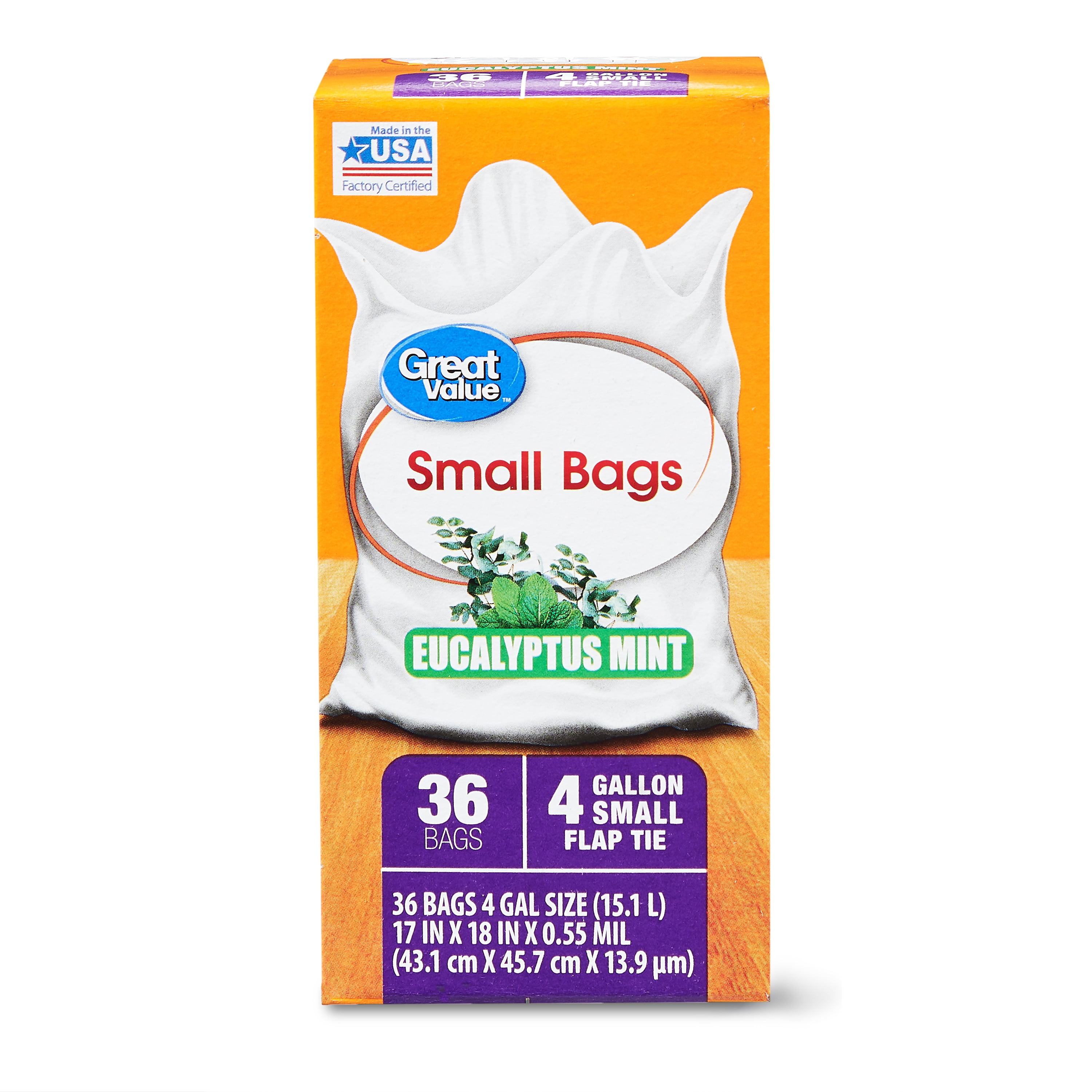 Great Value 4 Gallon Eucalyptus Mint Scent Small Trash Bags, 36 Pack ...