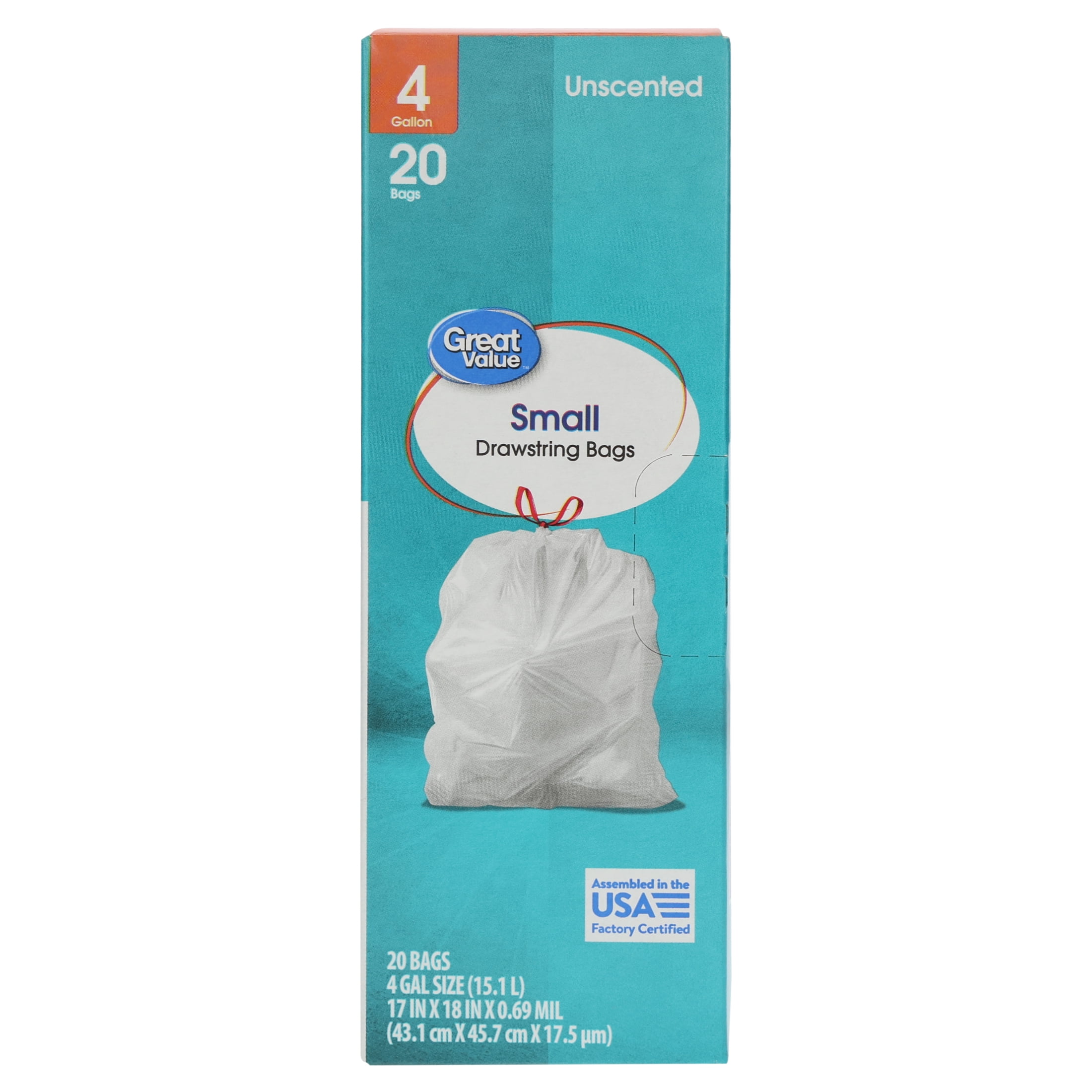 Great Value 4-Gallon Drawstring Small Trash Bags, 20 Count - Walmart.com