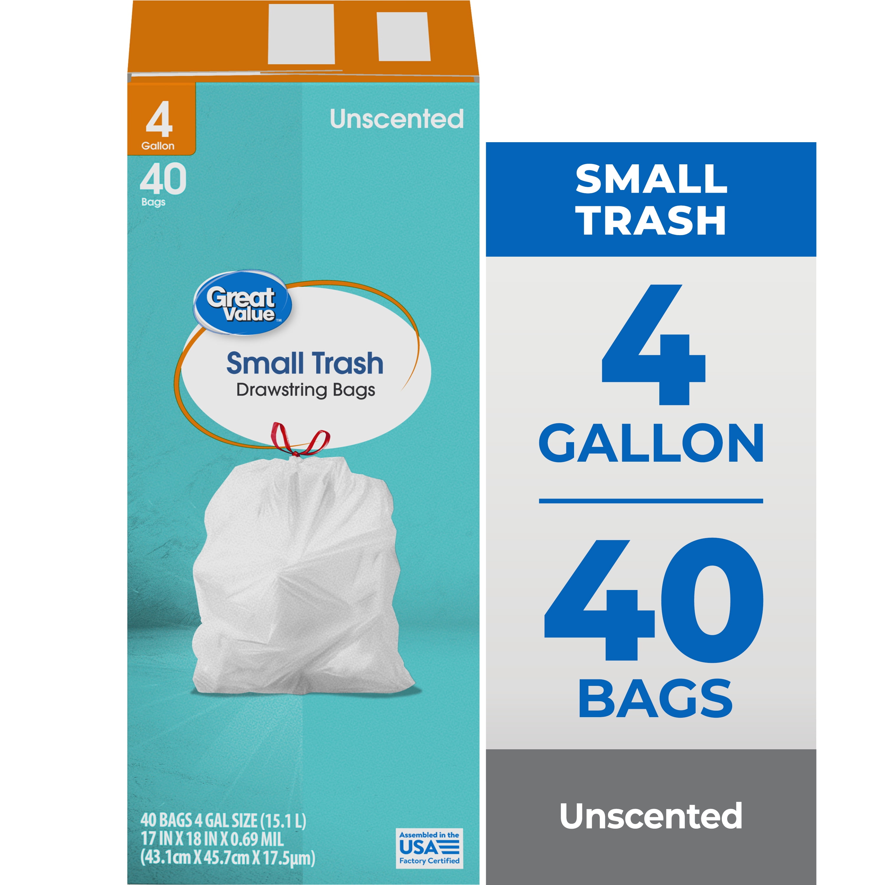 Great Value 4-Gallon Small Drawstring Trash Bags, 40 Count for Small ...