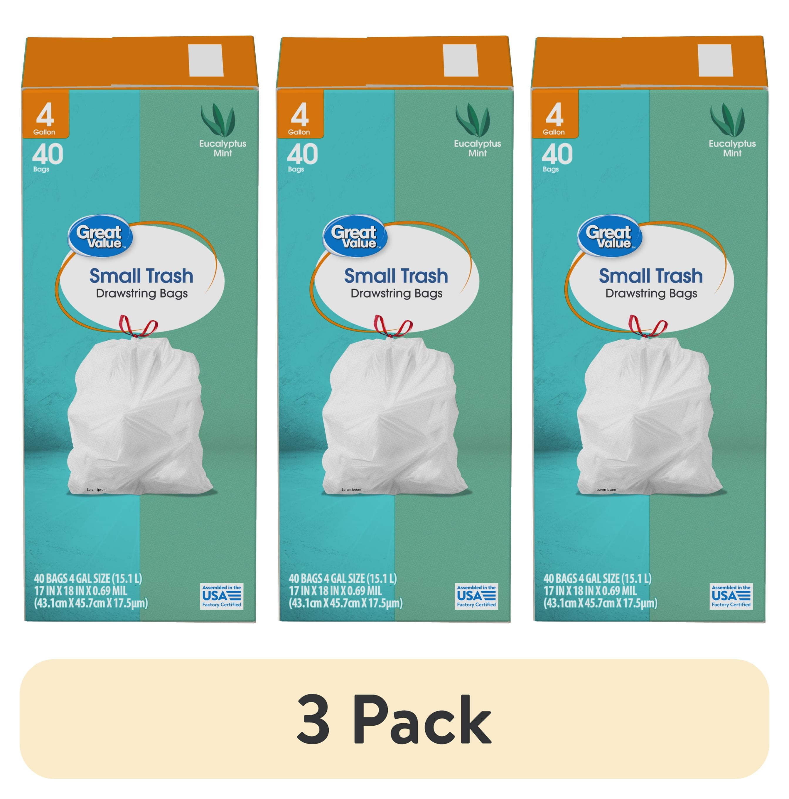 (3 pack) Great Value 4-Gallon Small Drawstring Trash Bags, Eucalyptus ...