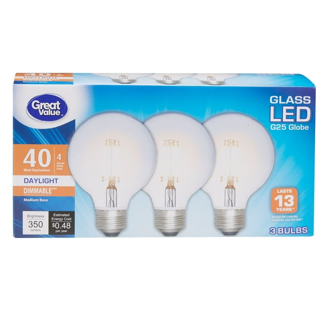 Great Value LED 4W (40W Equivalent) Daylight Edison Glass Light Bulbs ...