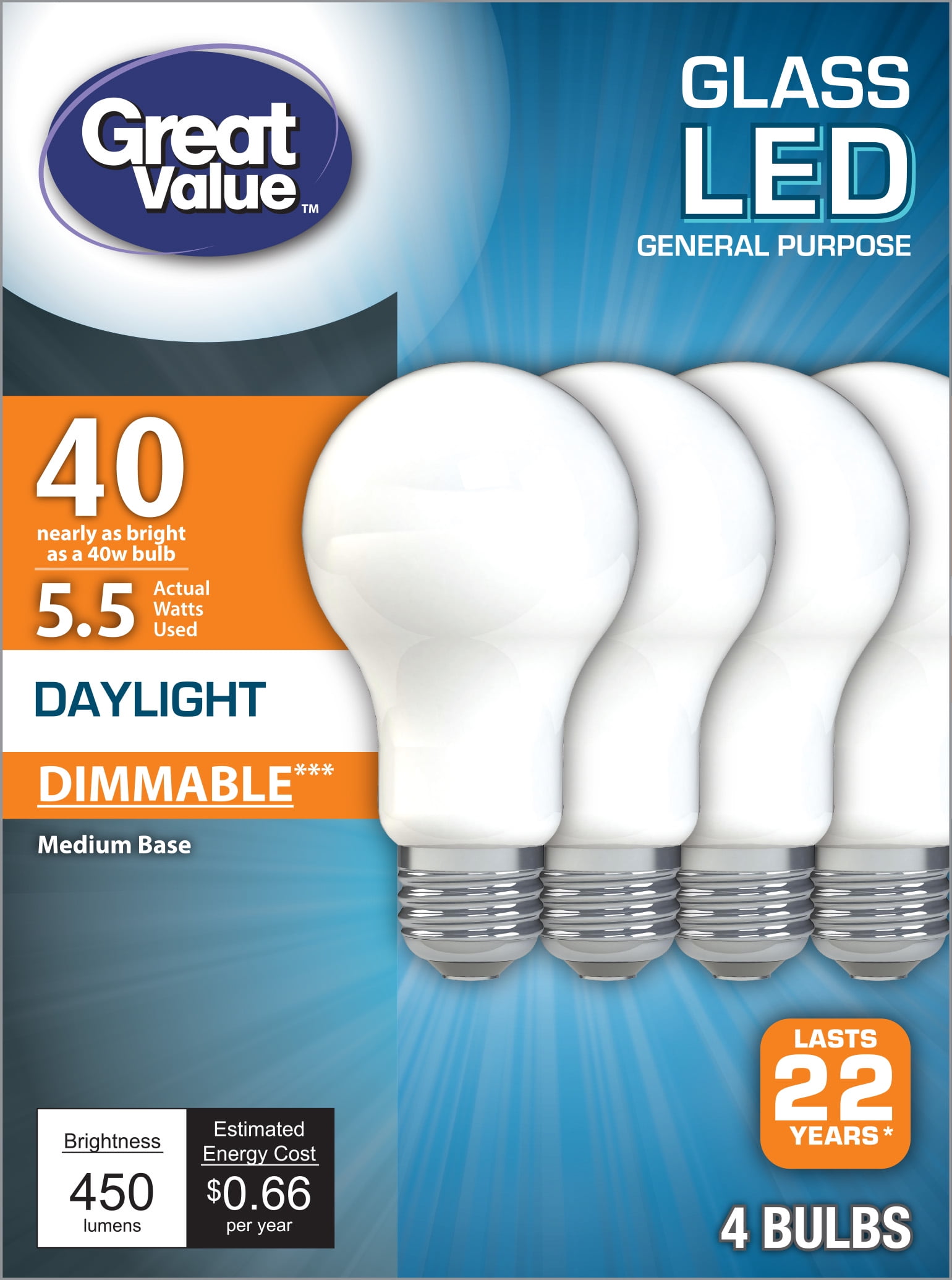 Great Value 40w Daylight Glass LED Light Bulb, 22 year, Dimmable ...