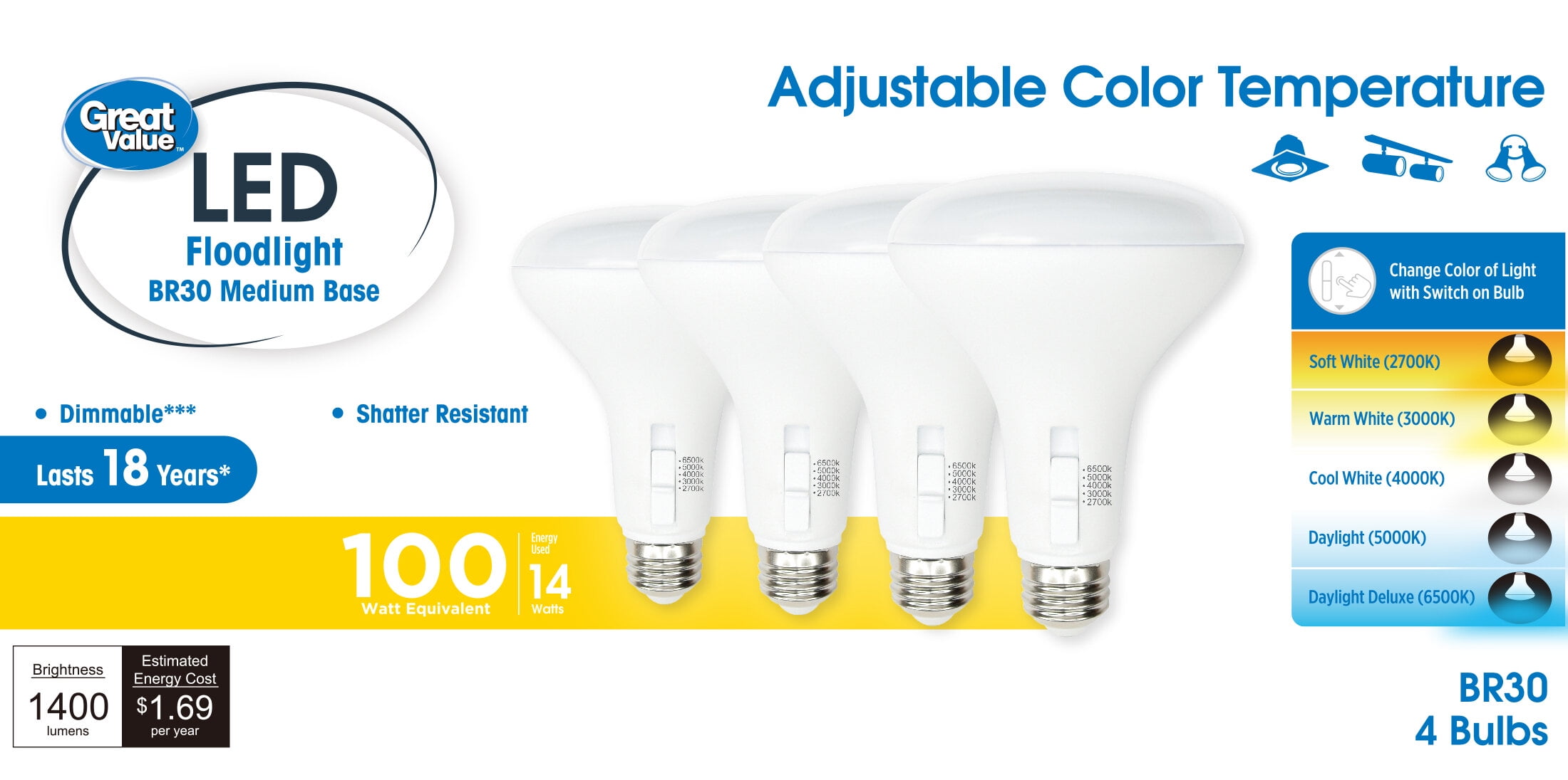 Great Value LED Floodlight Bulb 14W BR30 Dimmable 100W Equivalent E26 ...