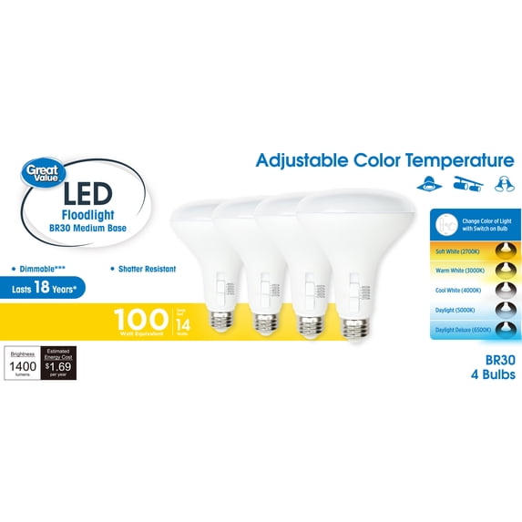 Great Value LED Floodlight Bulb 14W BR30 Dimmable 100W Equivalent E26 ...