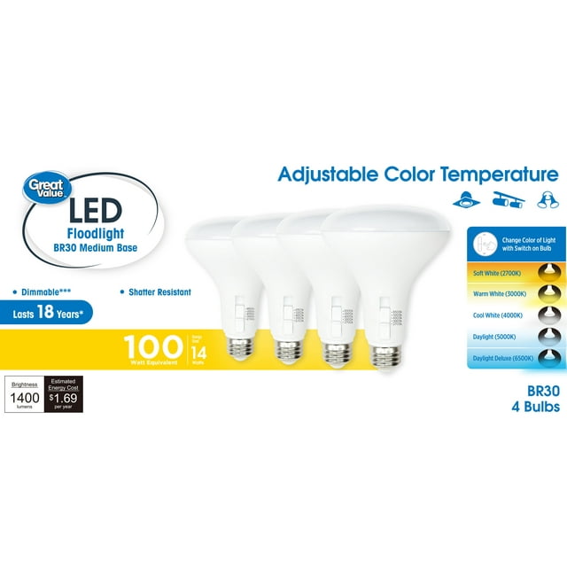 Great Value 5 ACT LED Floodlight Bulb, 14W(100W Equivalent) BR30 with ...