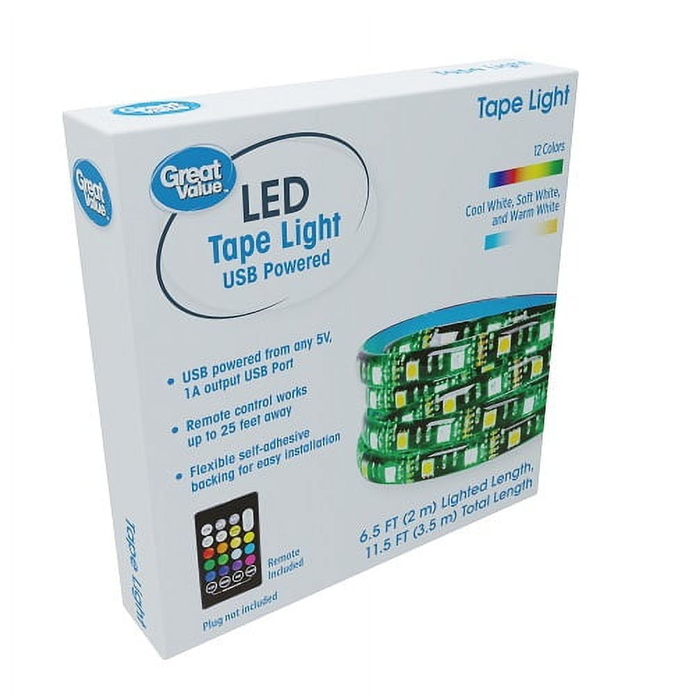Great Value 6.5FT, USB Powered, Adjustable White and Multi-Colored RGB ...